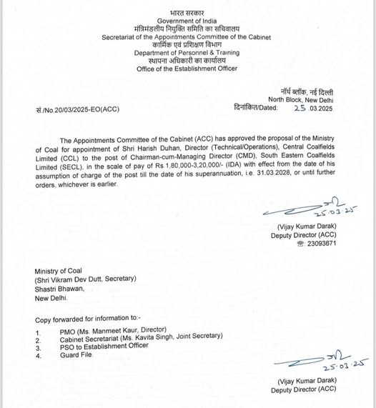 Harish Duhan Takes Charge As CMD Of SECL - Indian PSU - Infralog