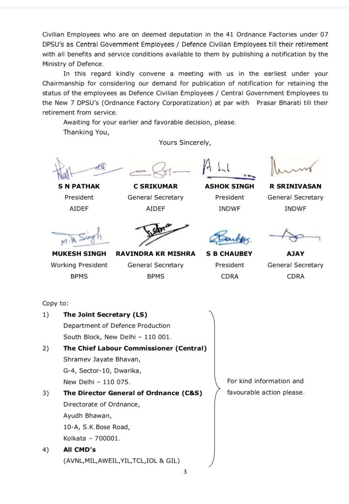 AIDEF, INDWF, BPMS & CDRA Boycott Committee On Absorption Into Ordnance ...
