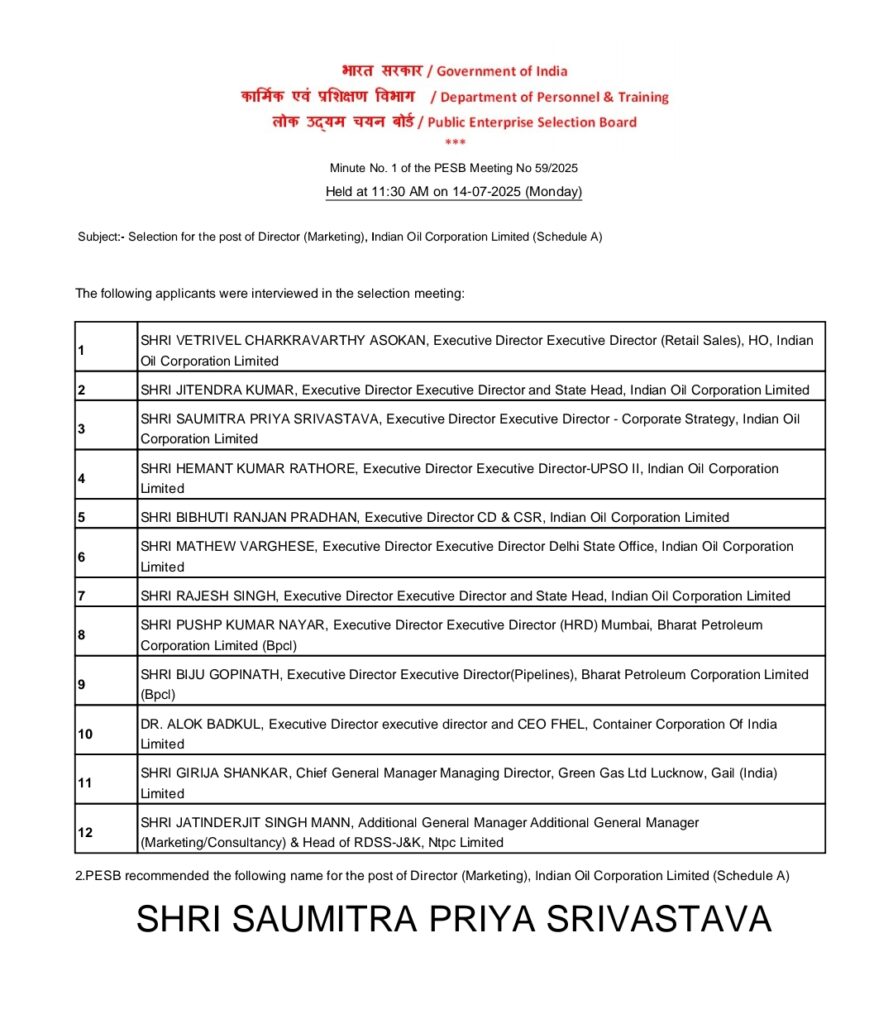 IOCL: Saumitra Priya Shrivastava Recommended As Director (Marketing ...